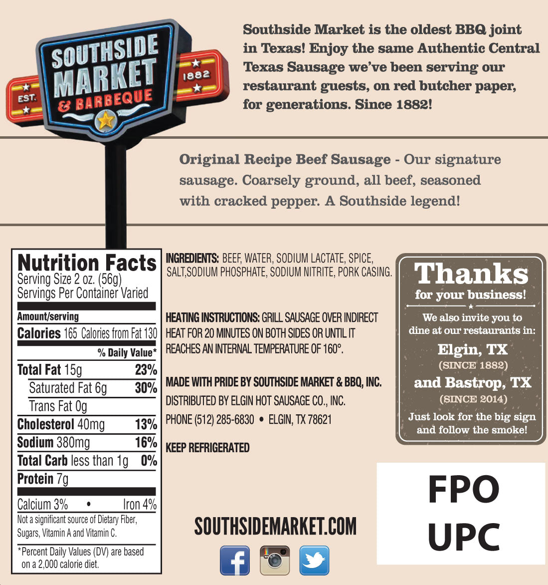 Original Beef Smoked Sausage - Elgin Hot Guts | Southside Market & Barbeque